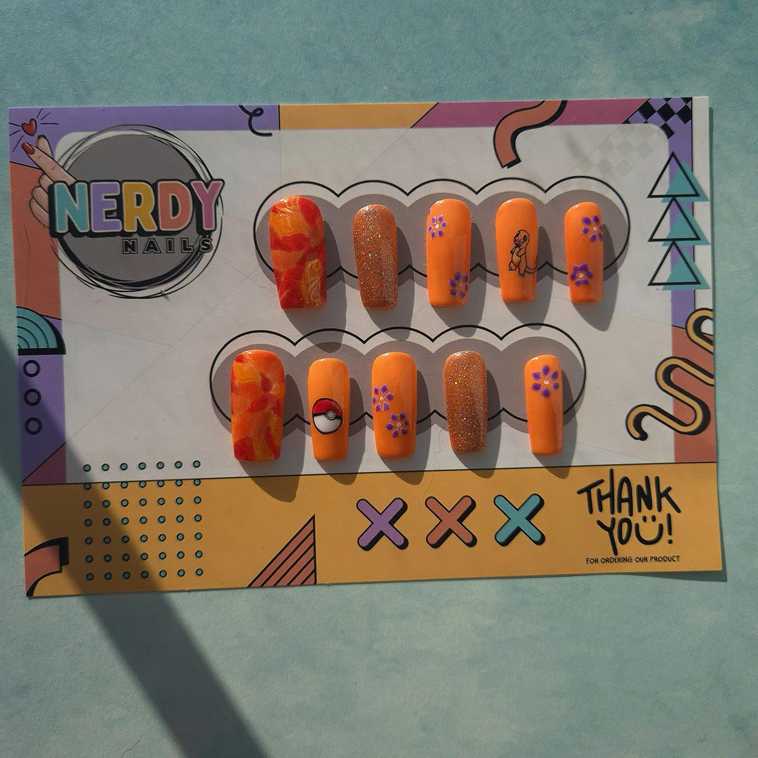 Charmander (pokemon) Inspired Press-on Nails • Hand-painted Reusable ...