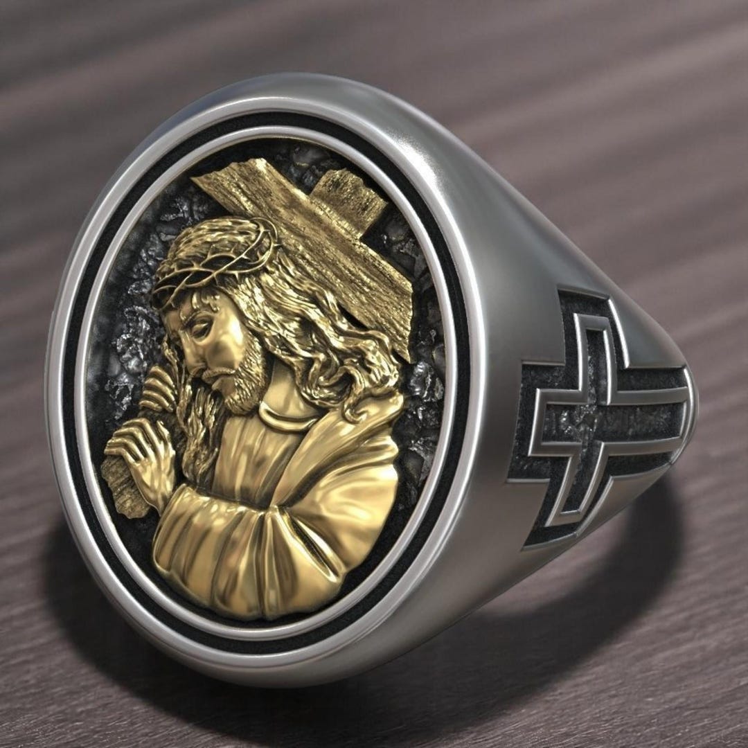Jesus Christ Cross Signet Ring – 925 Silver With Crown of Thorns and ...
