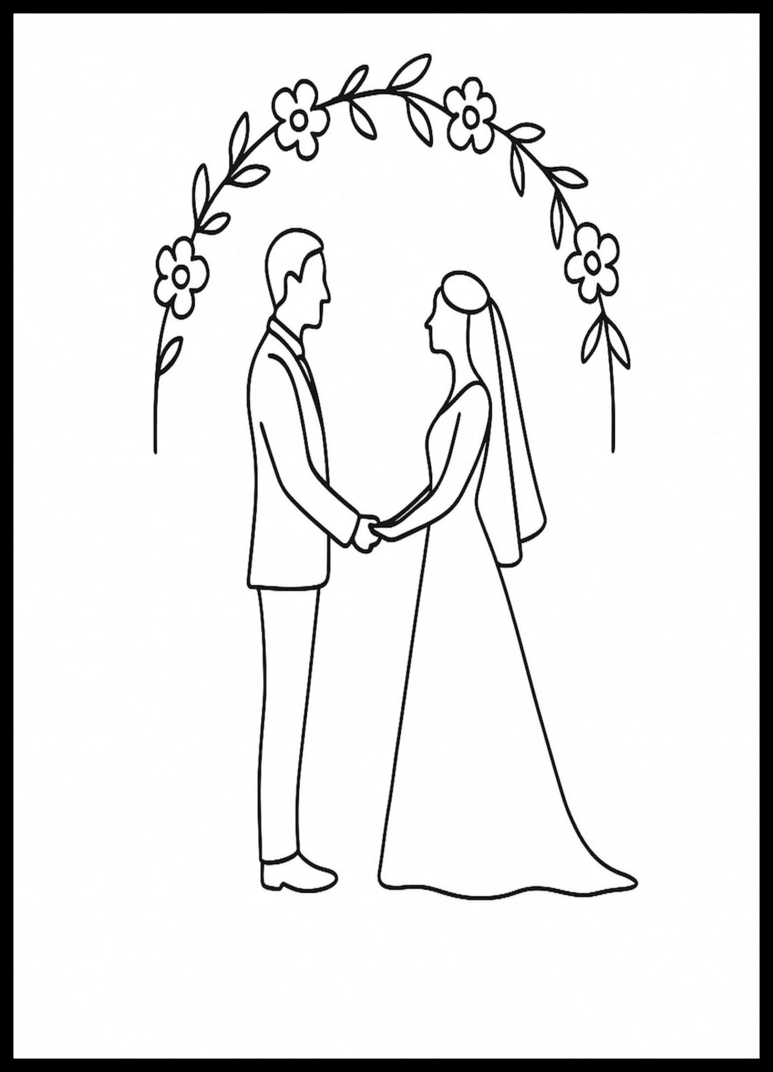 Minimalist One-line Wedding Art Print – Bride & Groom Under Floral Arch ...