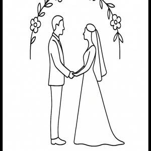 Minimalist One-line Wedding Art Print – Bride & Groom Under Floral Arch ...