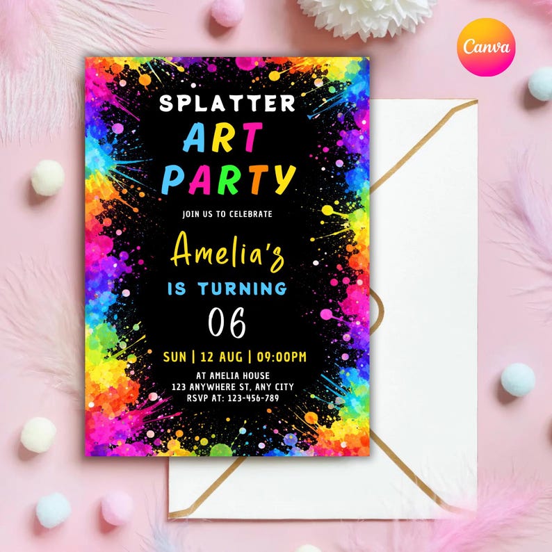 Editable Splatter Art Party Invitation, Colorful Birthday Invite (canva ...