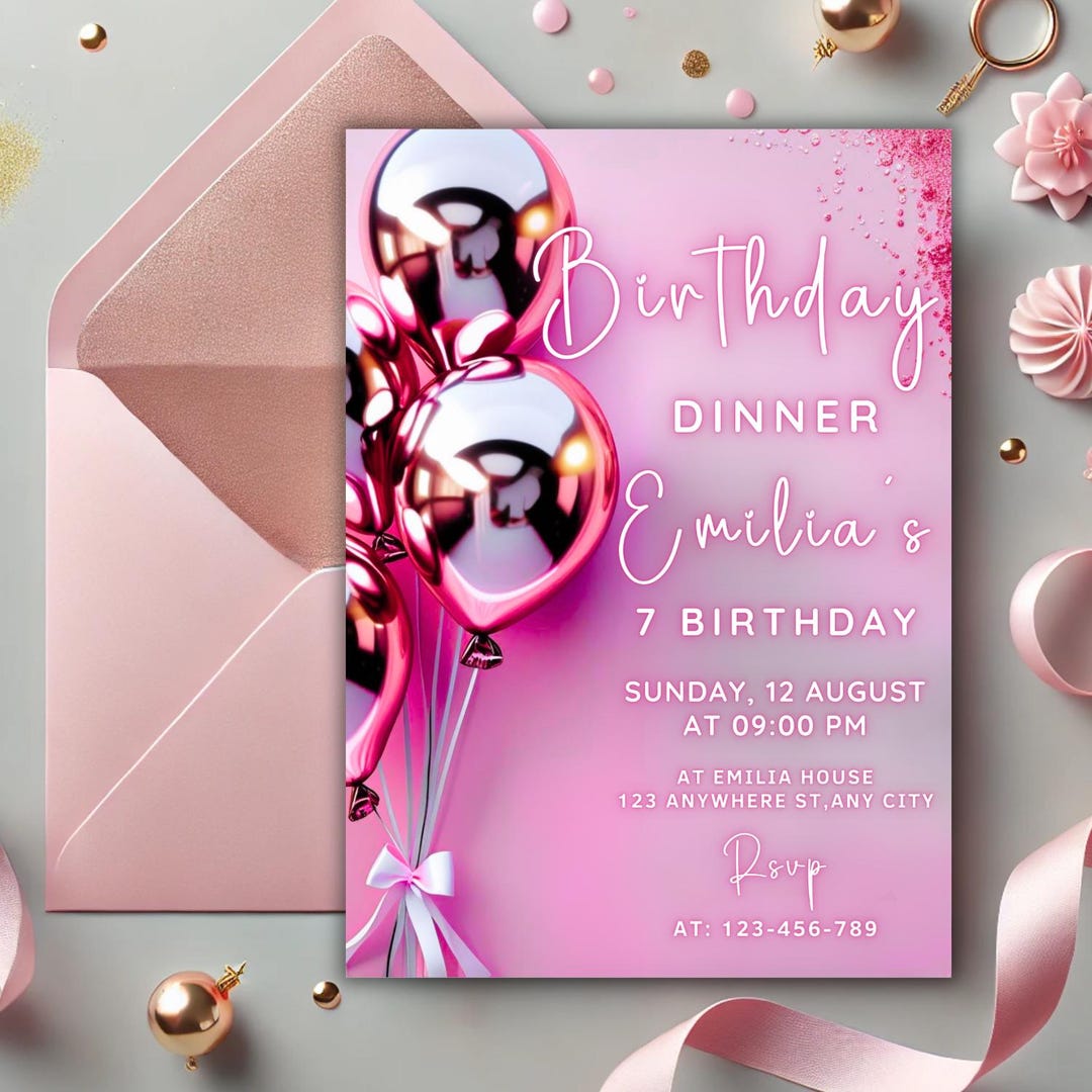 Pink Balloon Birthday Dinner Invitation, Editable Canva Template ...