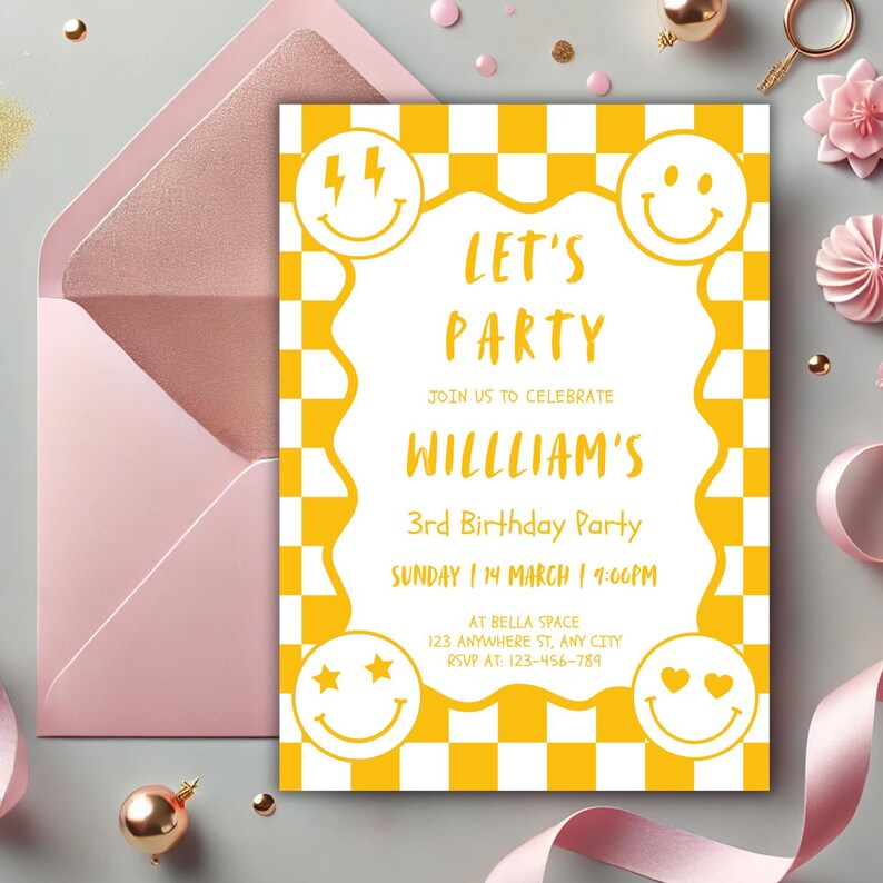Retro Smiley Birthday Invitation, Smiley Invitation, Preppy Smile Face ...