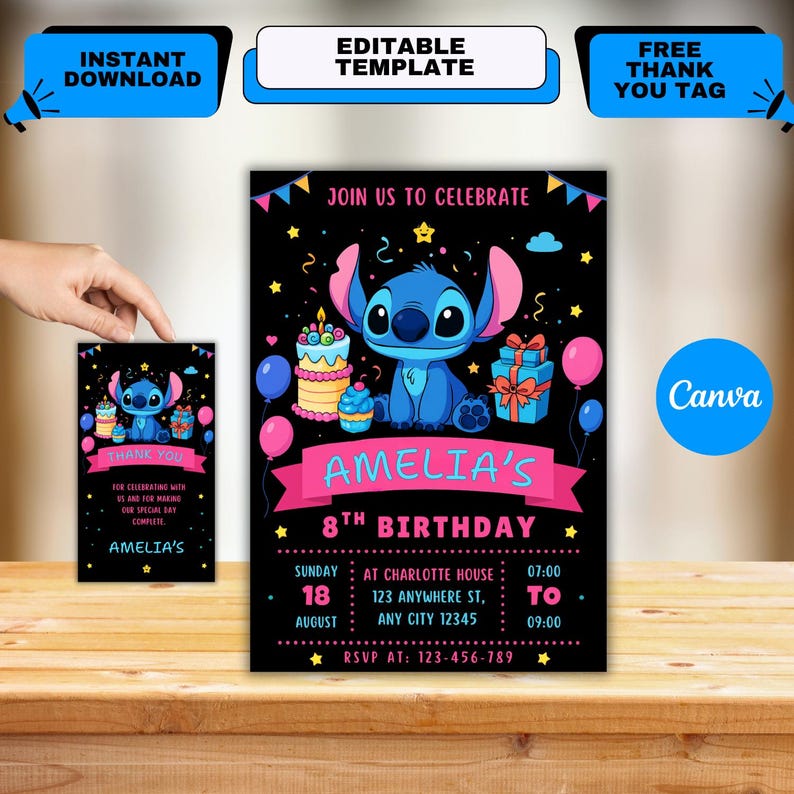 Editable Stitch Birthday Invitation, Kids Party (canva Instant Download ...
