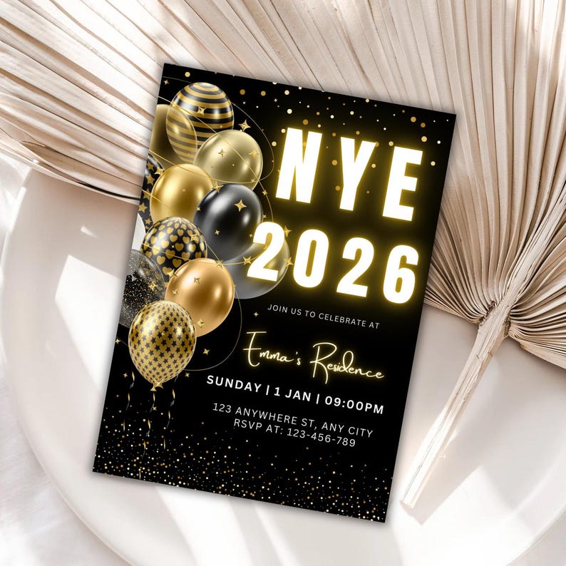 Animated NYE 2026 Party Invitation Template, Black and Gold (canva) - Etsy