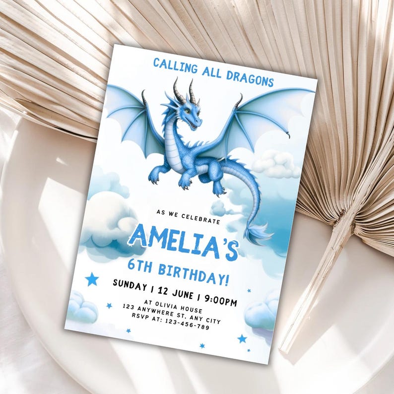 Dragon Birthday Invitation, Blue Dragon Invite, Realistic Dragon Evite ...