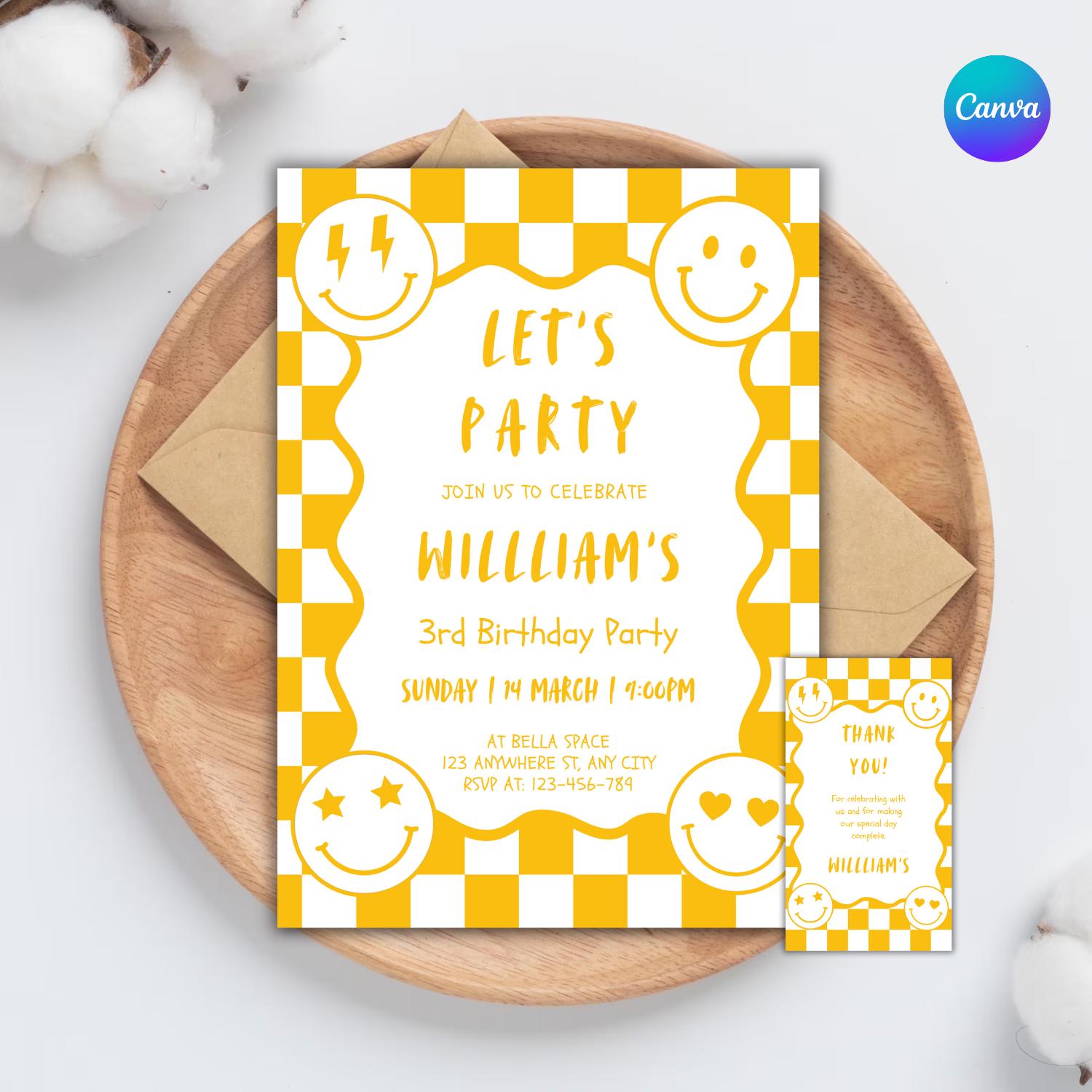 Retro Smiley Birthday Invitation, Smiley Invitation, Preppy Smile Face ...