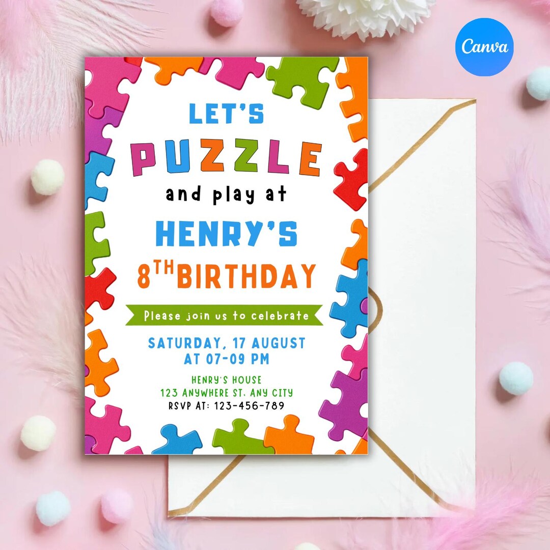 Puzzle Birthday Invitation, Game Time Party Invite, Kids Puzzles Games ...
