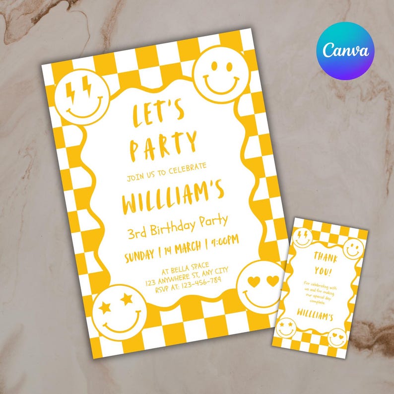 Retro Smiley Birthday Invitation, Smiley Invitation, Preppy Smile Face ...