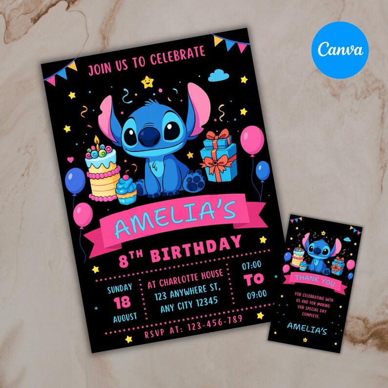 Editable Stitch Birthday Invitation, Kids Party (canva Instant Download ...