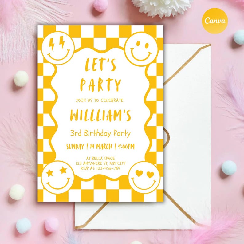 Retro Smiley Birthday Invitation, Smiley Invitation, Preppy Smile Face ...