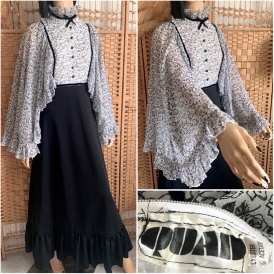 Vintage 1970s QUAD Black & White Maxi Dress Long Angel Sleeves Pretty ...