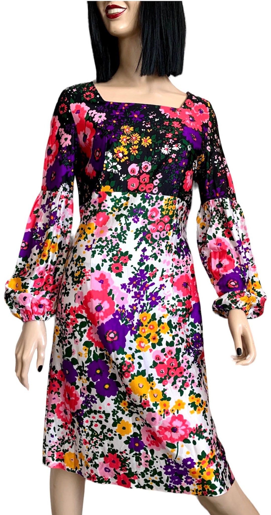 Vintage Original 1960s 1970s Flower Power Dress in Pink Purple Black ...