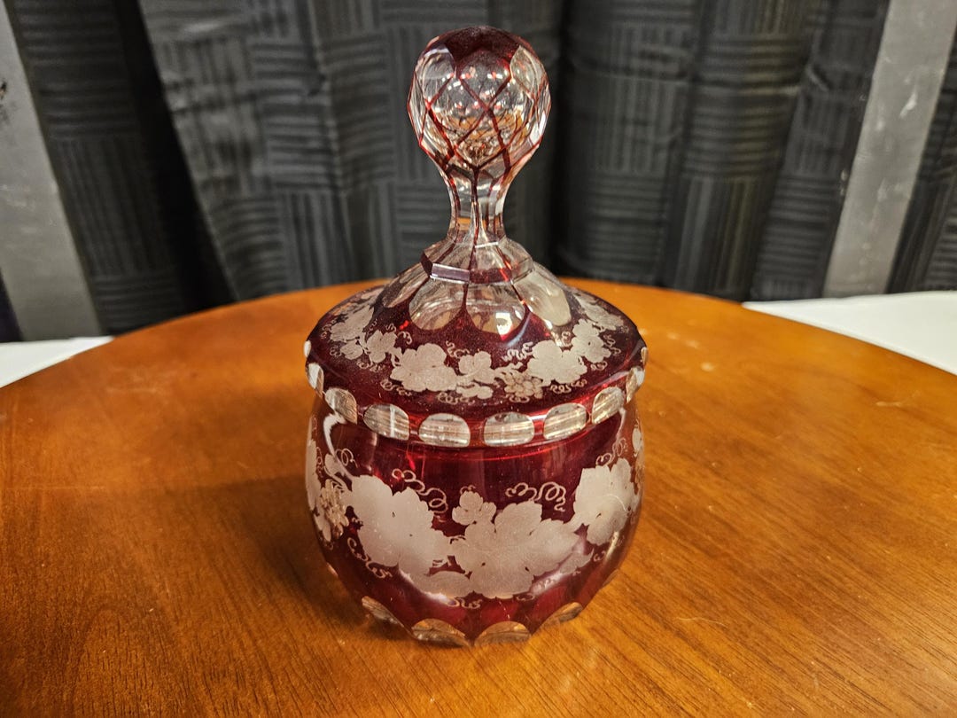 Vintage Czech Bohemian Cranberry Ruby Red Cut to Clear Etched Candy Dish Glass - Etsy