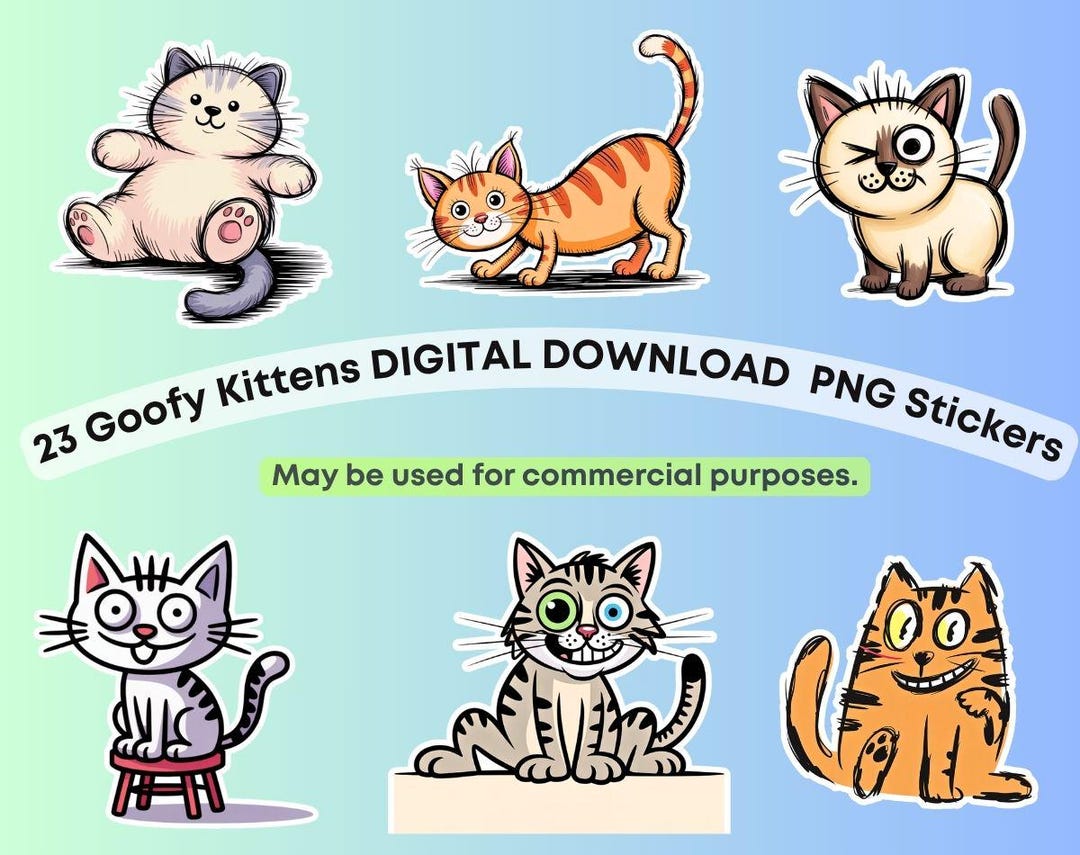 Goofy Kitten Clipart Stickers: Cartoon Cat PNG & JPG Bundle (digital ...
