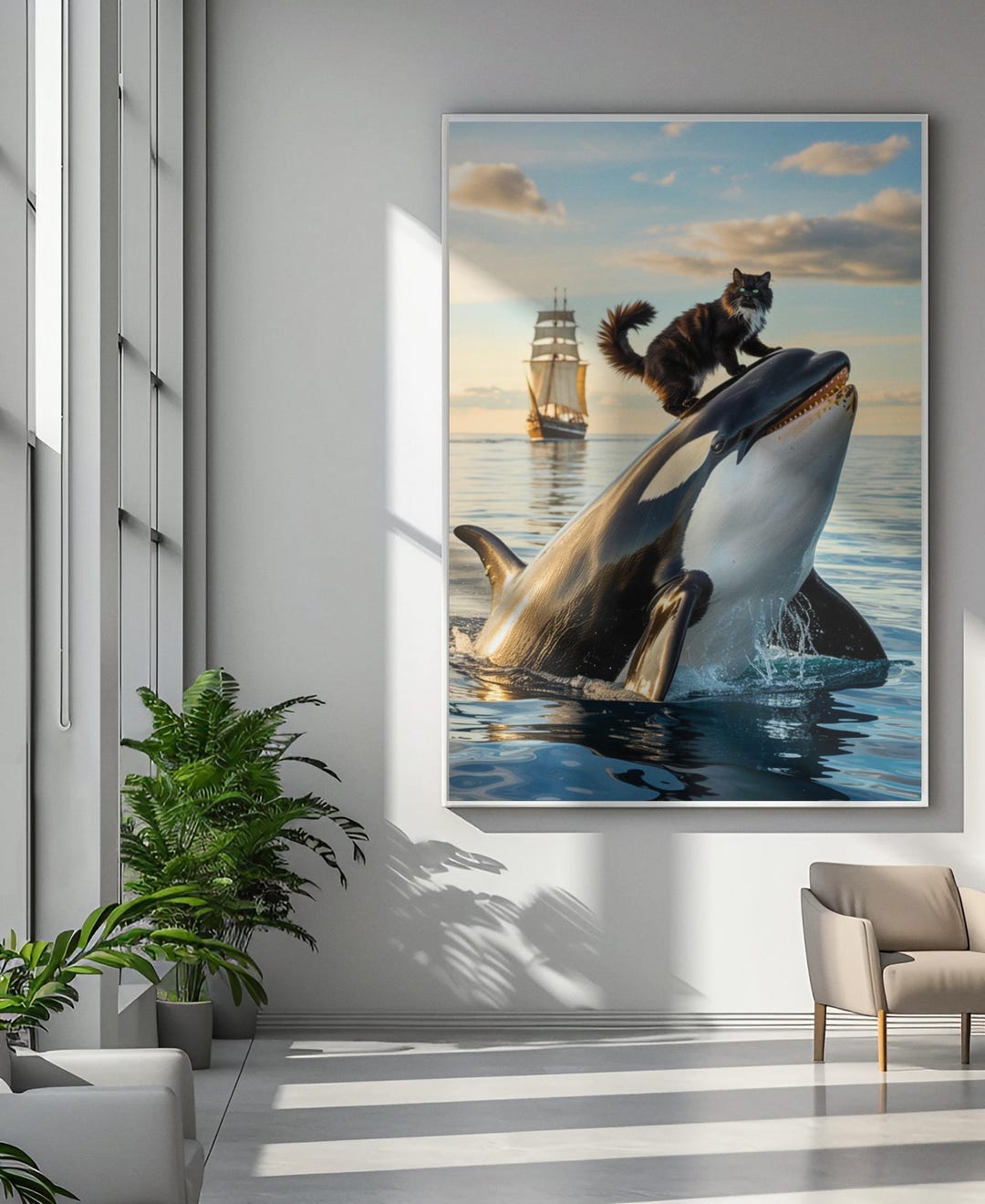 Funny Cat Riding Orca Whale Art Print: Whimsical Ocean Animal Poster ...