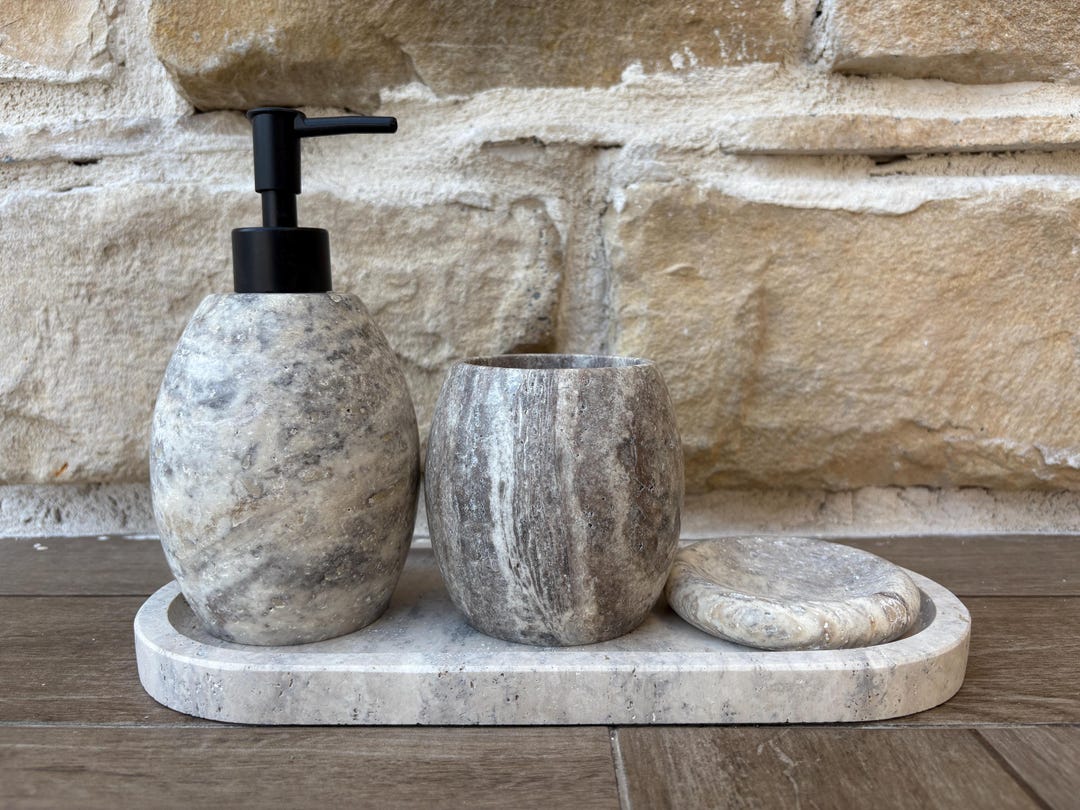 Silver Travertine Bathroom Set | 4-piece Natural Stone Organizer - Etsy