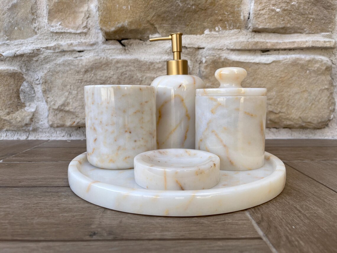 5-piece Handmade Marble Bathroom Set | Natural Honey Marble Set ...