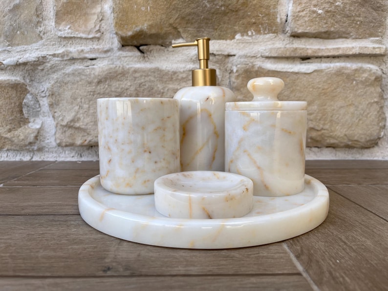 Handmade Honey Marble 5-piece Bathroom Accessory Set | Turkish Decor - Etsy