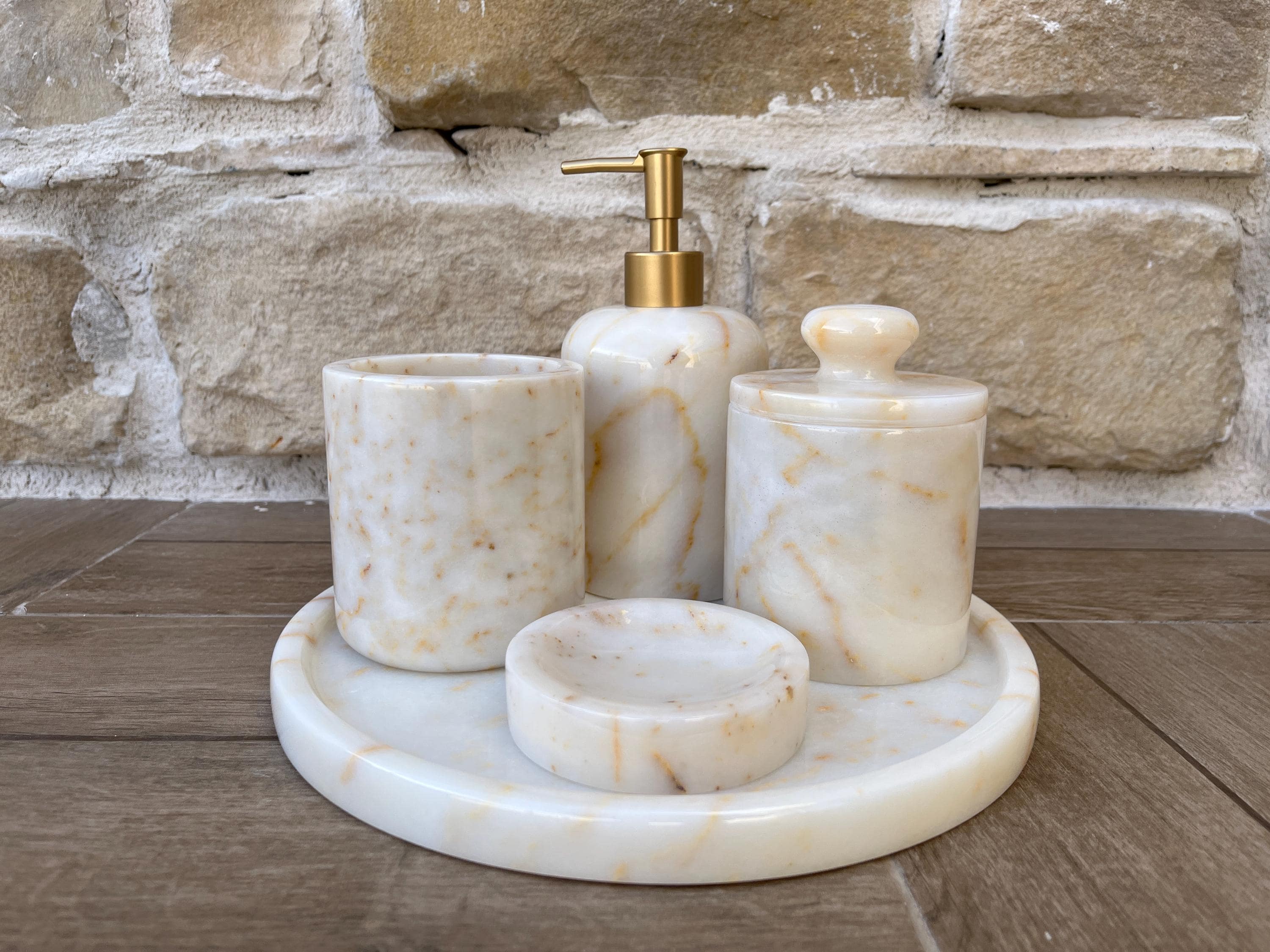 Handmade Honey Marble 5-piece Bathroom Accessory Set | Turkish Decor - Etsy