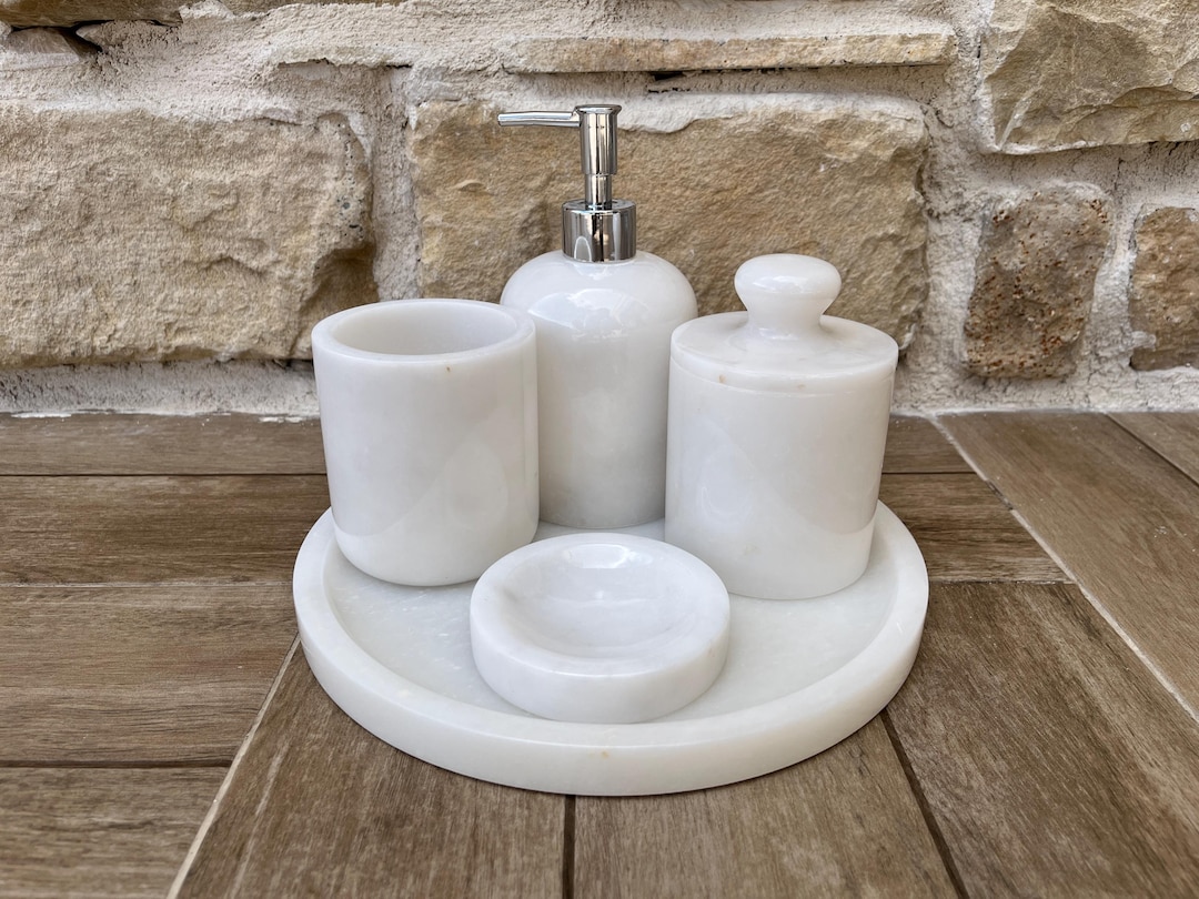 Handmade Afyon Sugar Marble Bathroom Set | 5-piece White Marble Decor ...