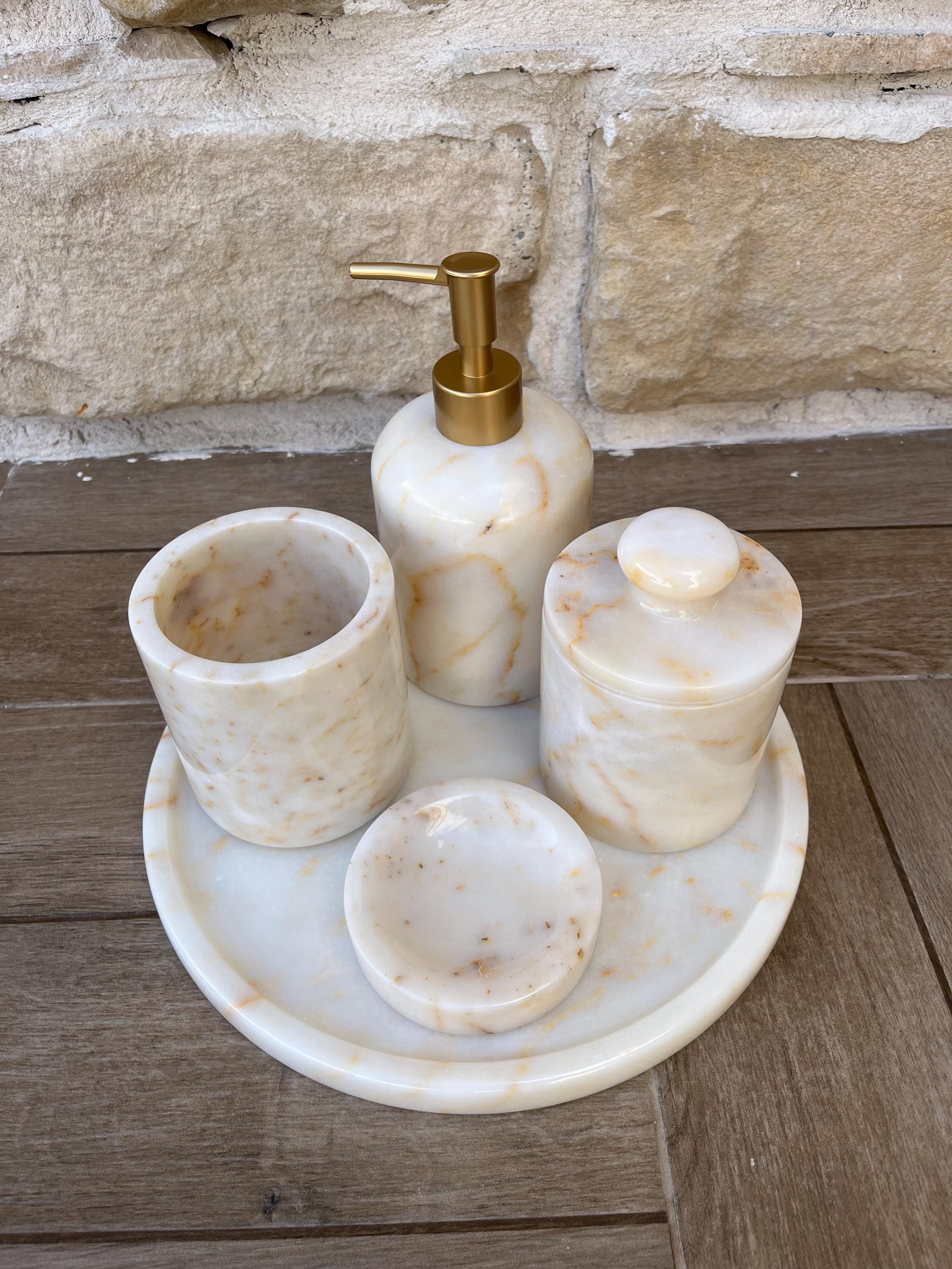 5-piece Handmade Marble Bathroom Set | Natural Honey Marble Set ...