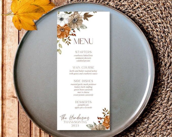 Thanksgiving Dinner Menu Template, Printable Thanksgiving Dinner Menu ...