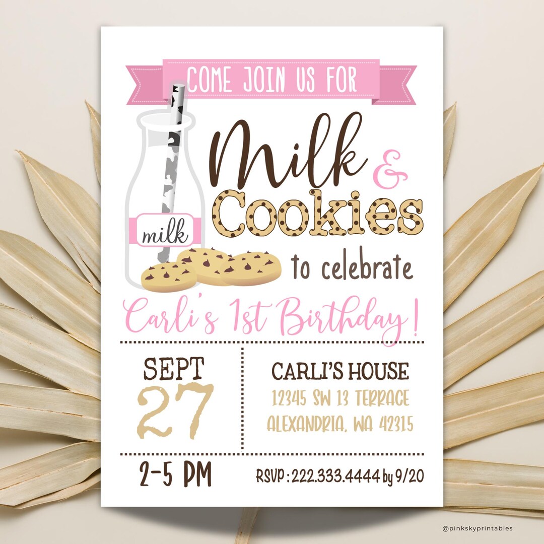 Girls Milk and Cookies Birthday Party Invitation, Personalized, Printed ...