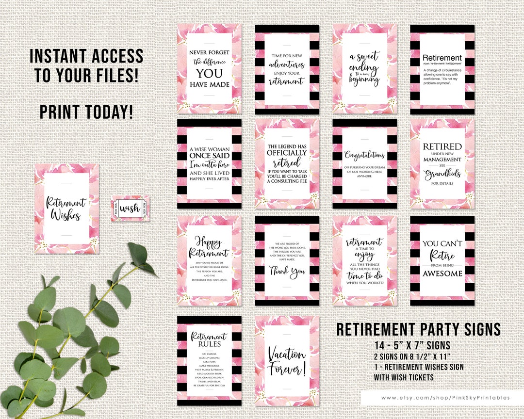 Retirement Party Signs, 5 X 7, INSTANT DOWNLOAD, 14 Fun Signs, 1 ...