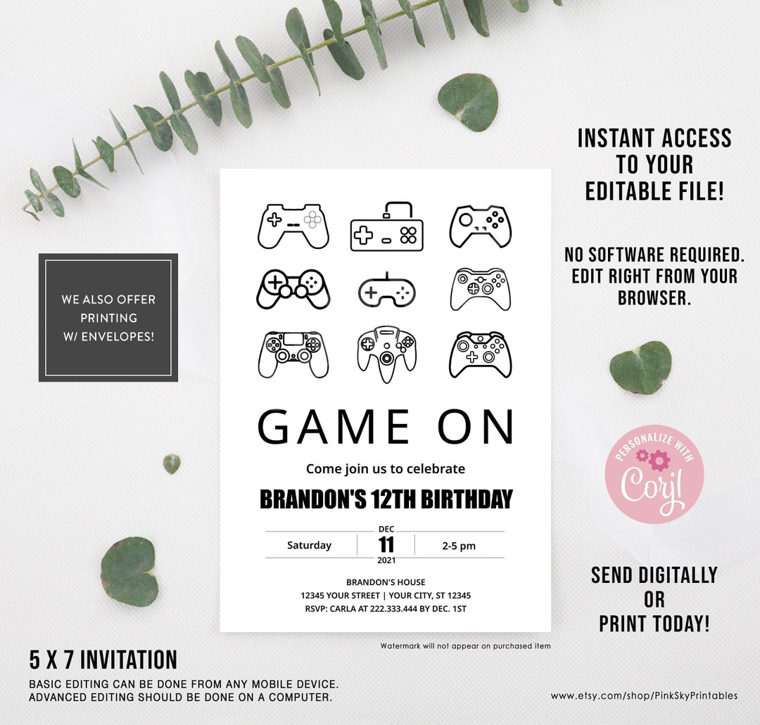 EDITABLE Gaming Birthday Invitation, Editable, Printable Invitations ...