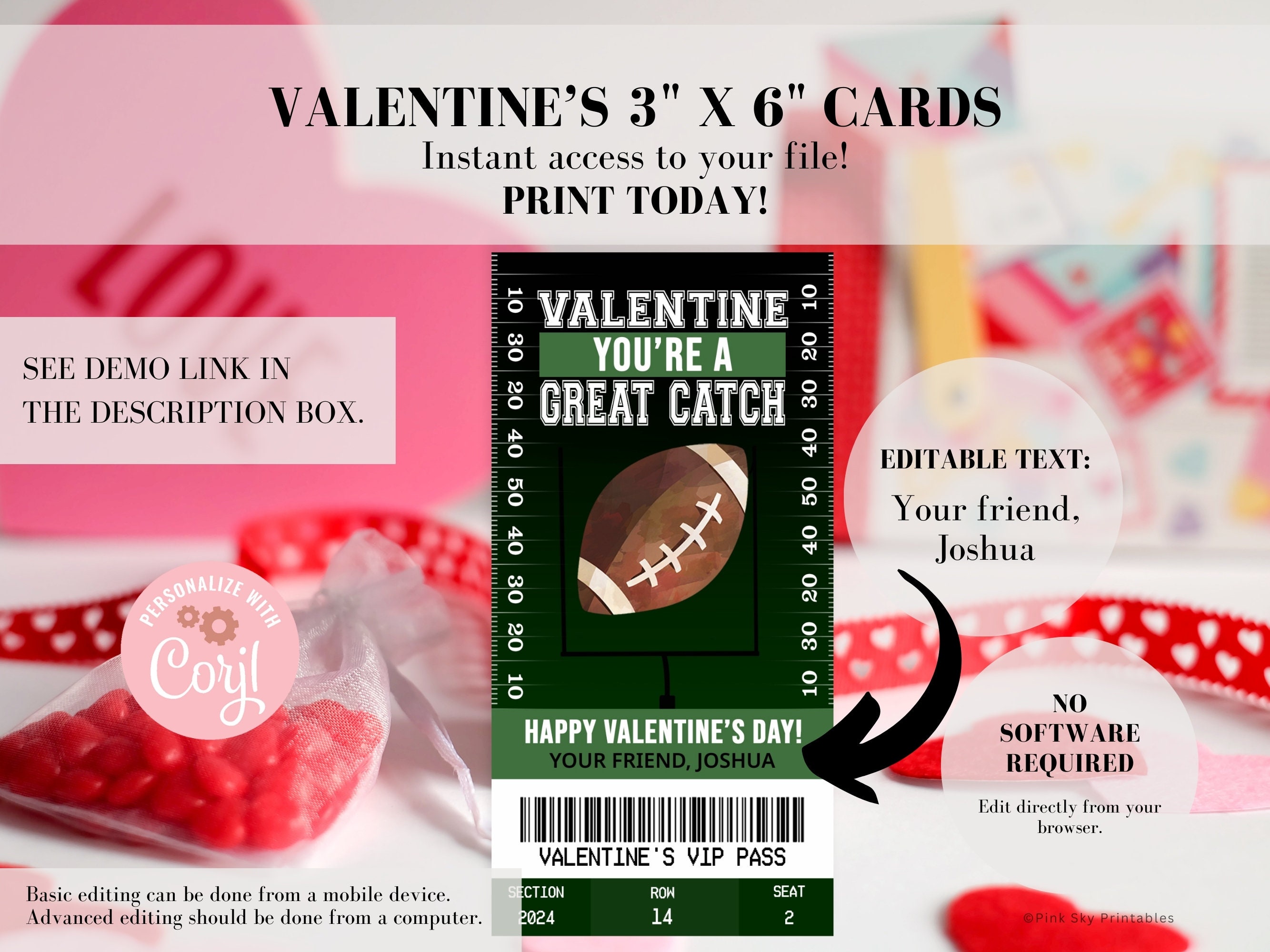 EDITABLE Football Valentine's Day Ticket Cards, Instant Download, 3 X 6 ...