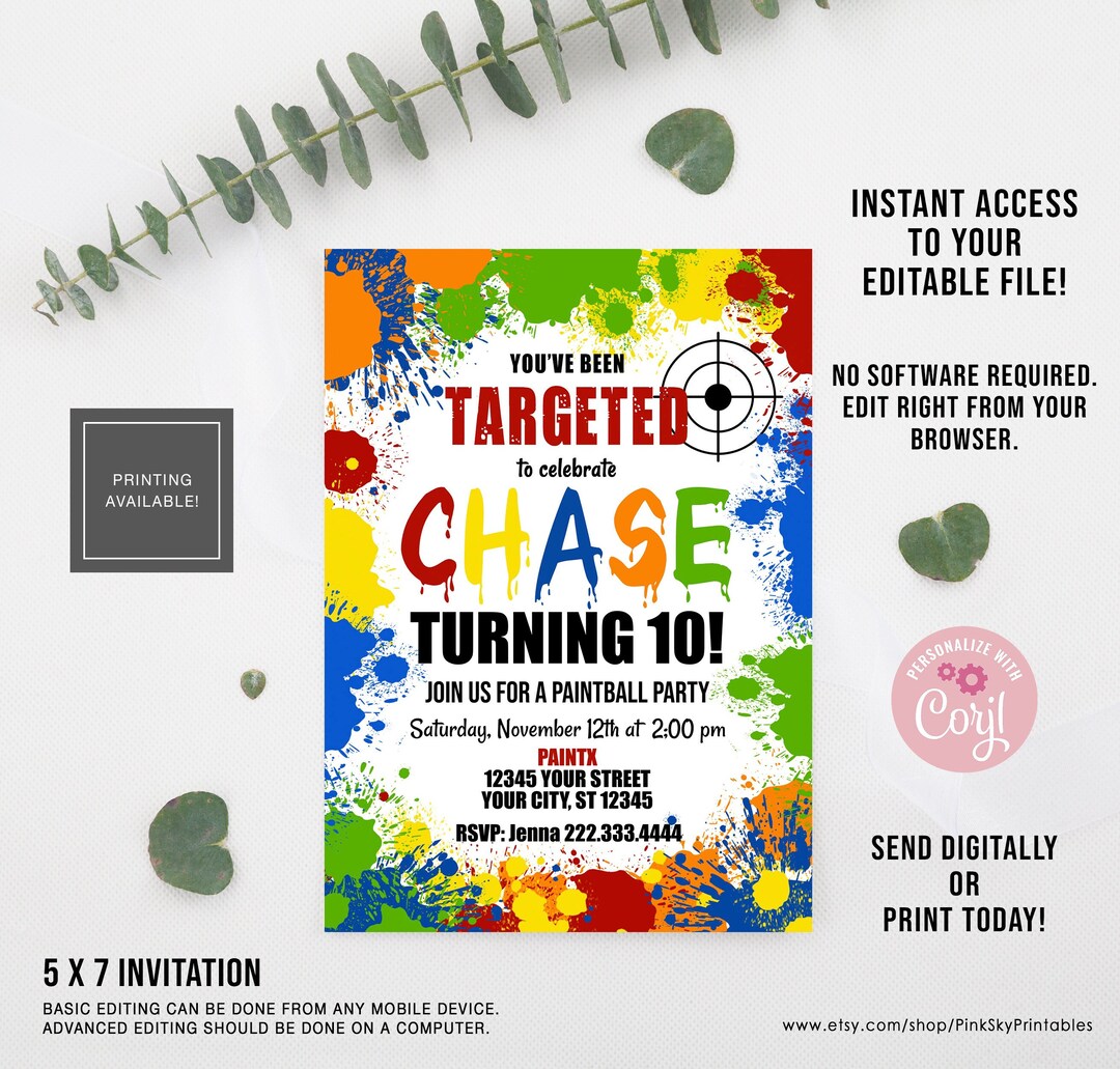 Editable Paintball or Gellyball Birthday Invitation, Printable or ...