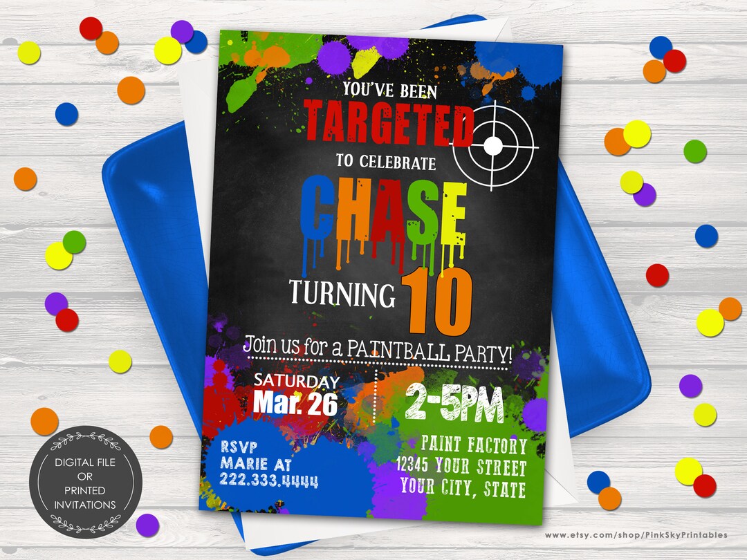 Paintball Invitation, Printable or Printed Invitations, Paintball Party ...