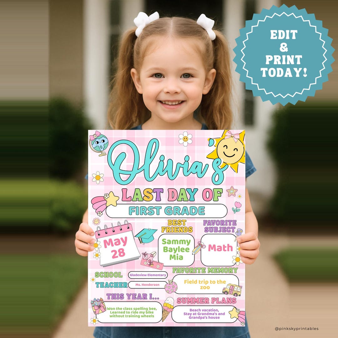 Editable Last Day of School Sign for Girls, End of School, Pink Plaid ...