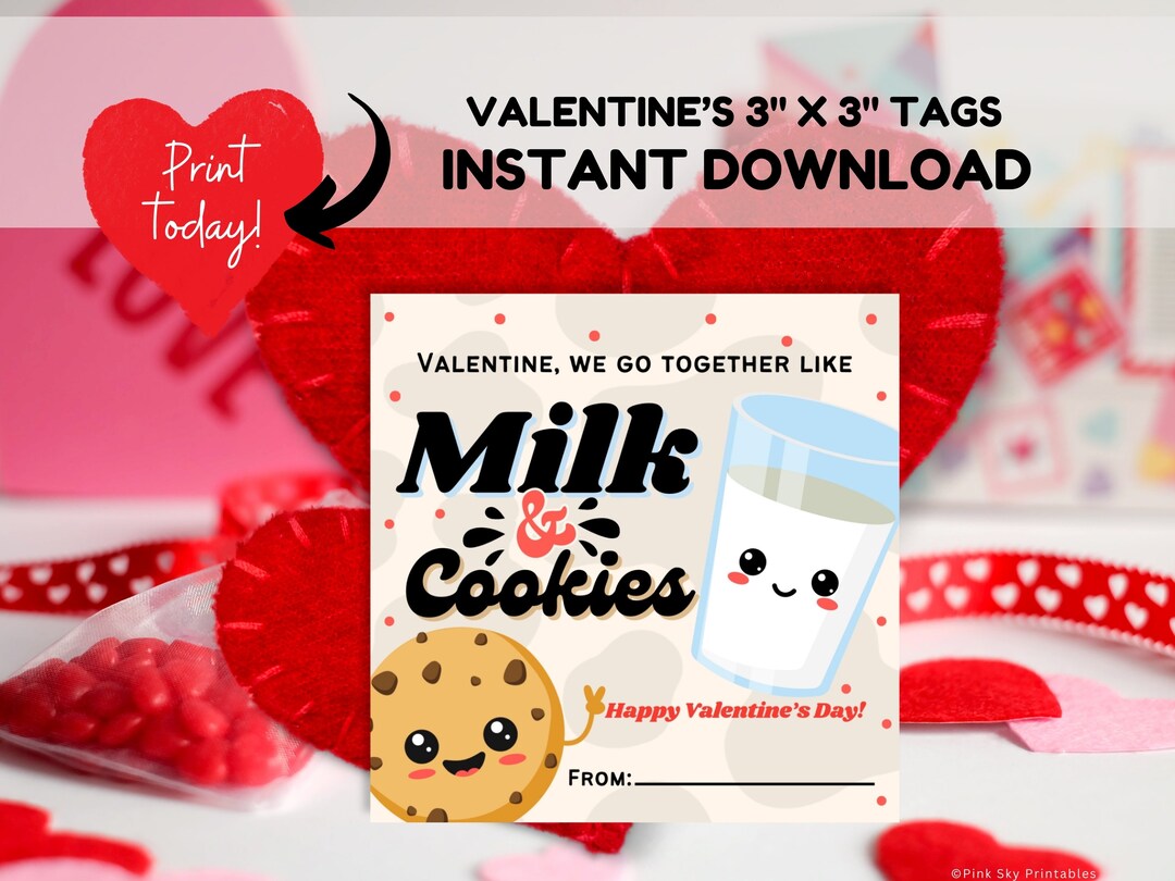 Milk and Cookies Valentine's Day Tags, INSTANT DOWNLOAD, Gift ...