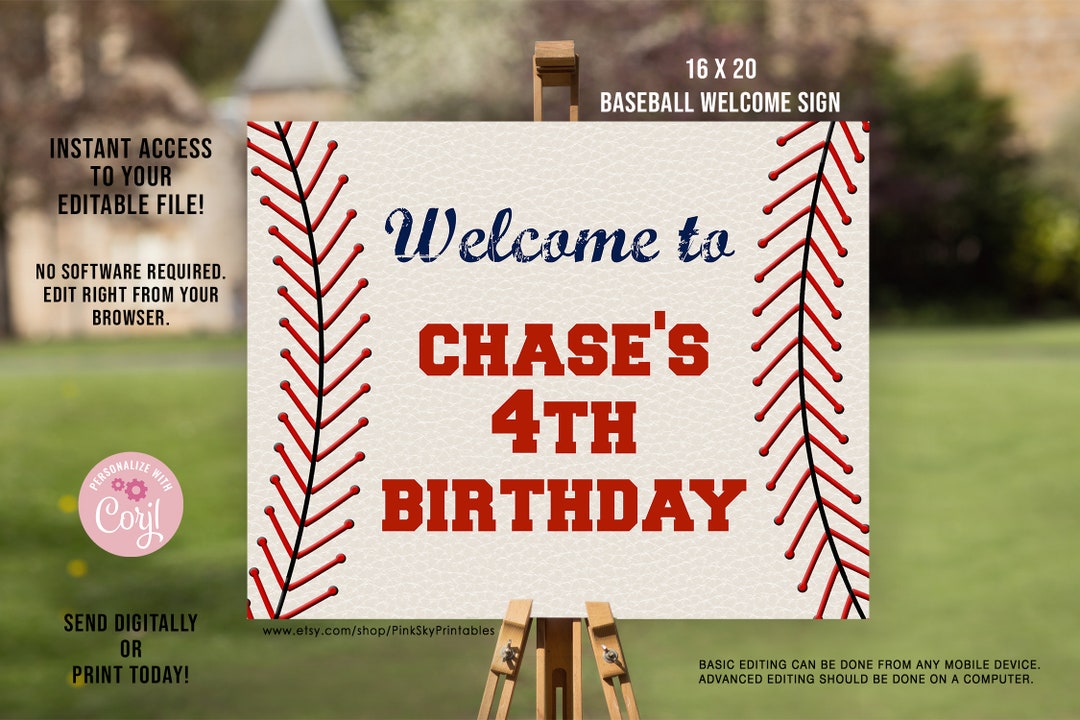 EDITABLE Baseball Birthday Welcome Sign, Digital File, Baseball Party ...
