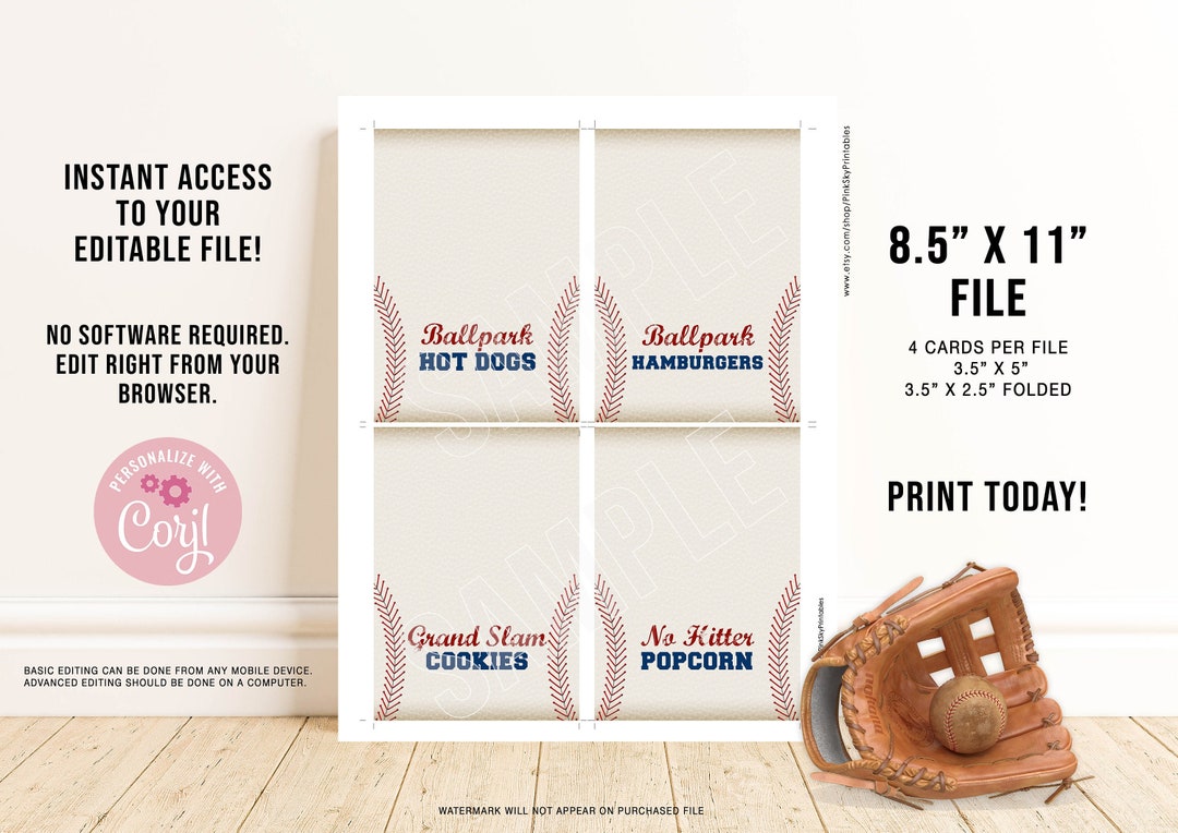 Editable Baseball Food Place Cards, Digital File, Baseball Party Menu ...