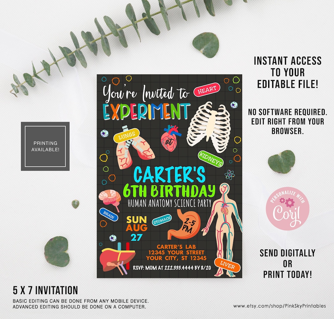EDITABLE Human Anatomy Birthday Party Invitation, Science Party ...