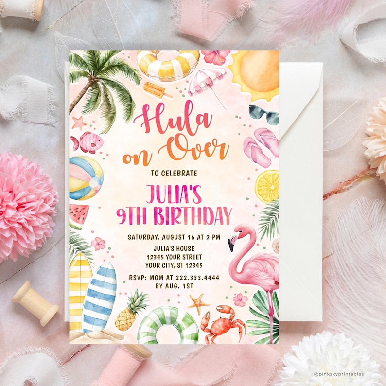 Hula on Over Birthday Invitation for Girls, Tropical Luau Party Invite ...