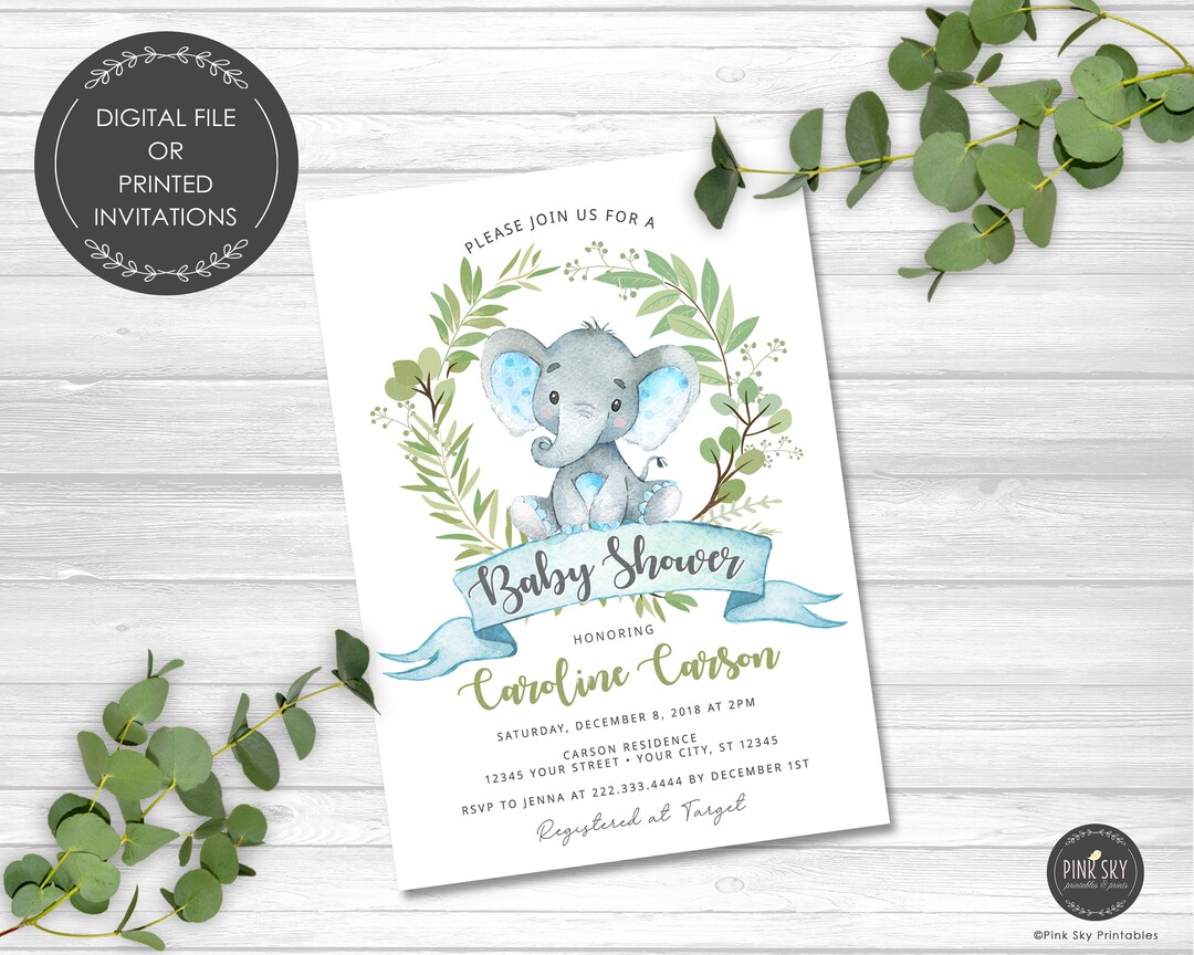 Elephant Baby Shower Invitation, Printable or Printed Invitation, Boy ...