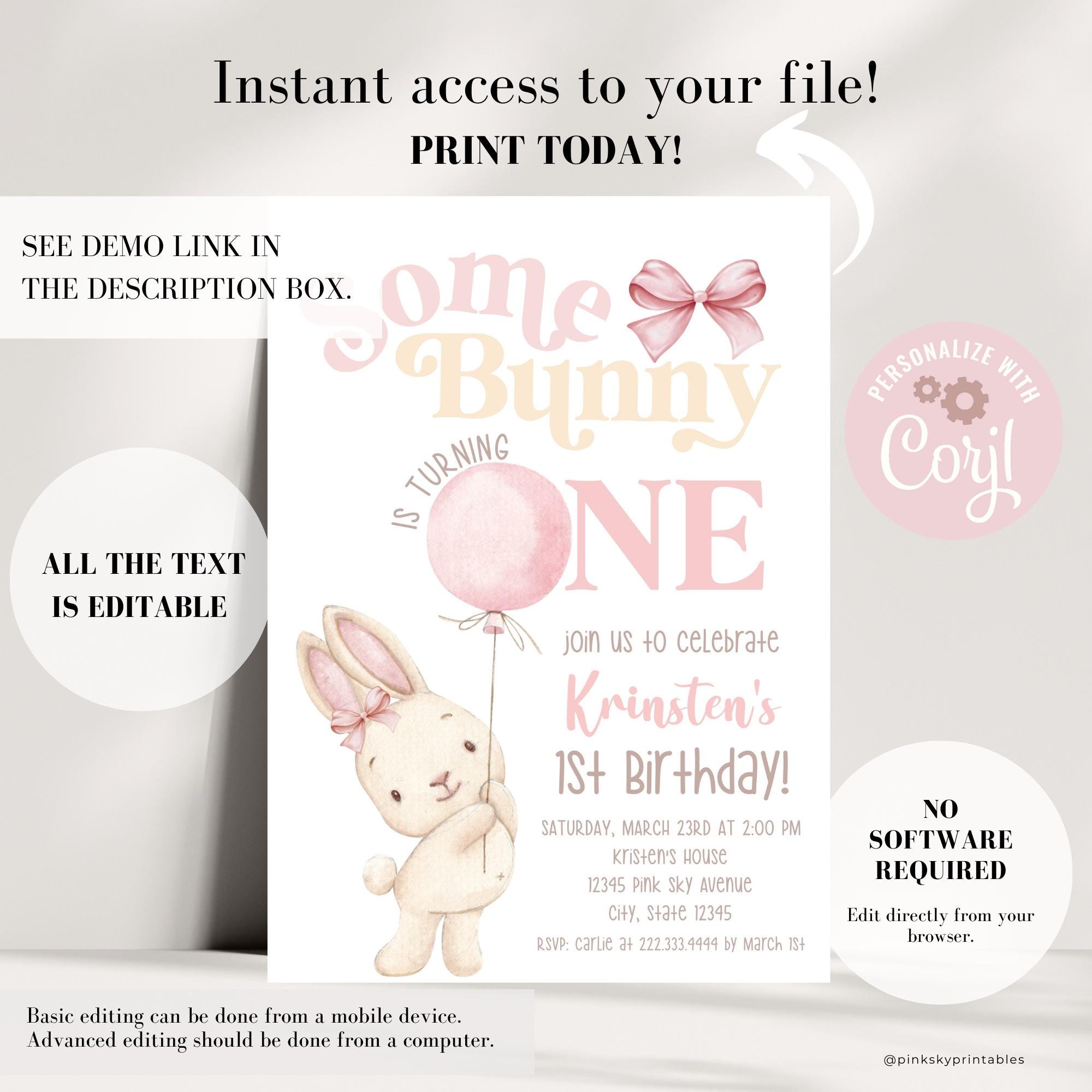 Some Bunny First Birthday Invitation, EDITABLE, Bunny Birthday Party ...