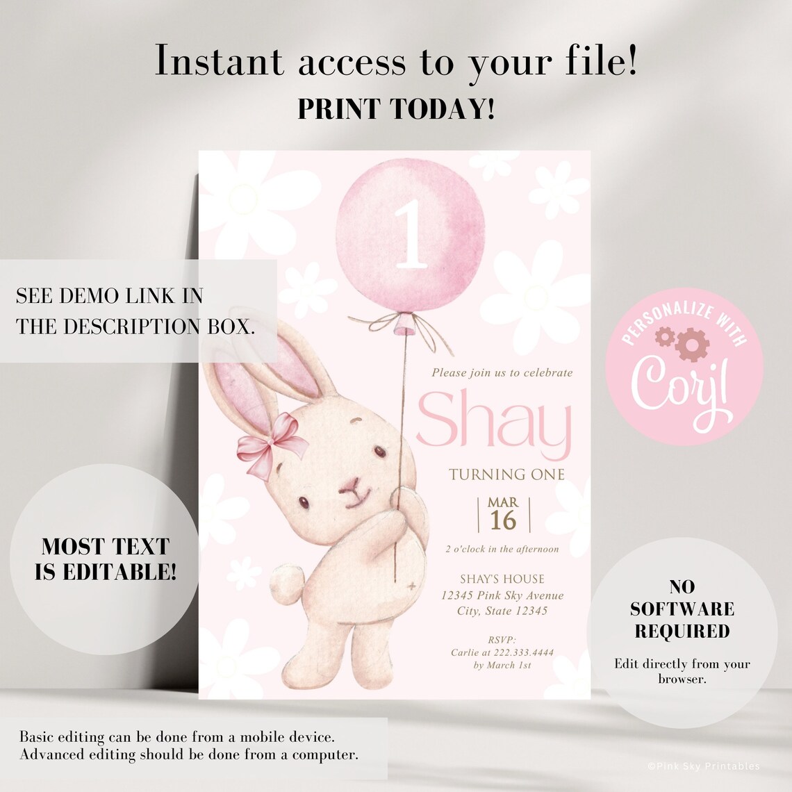 Bunny First Birthday Invitation, EDITABLE, Bunny Birthday Party, Easter ...
