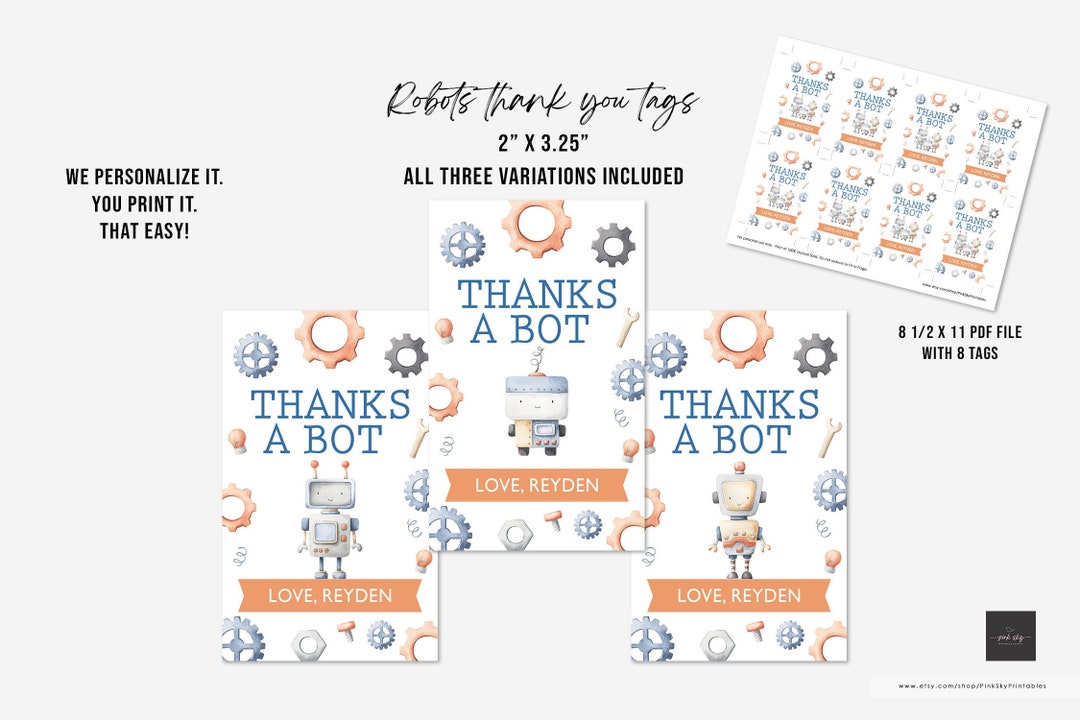 Robots Thank You Tags, Digital File, Robots Party Decor, Cute Robots ...