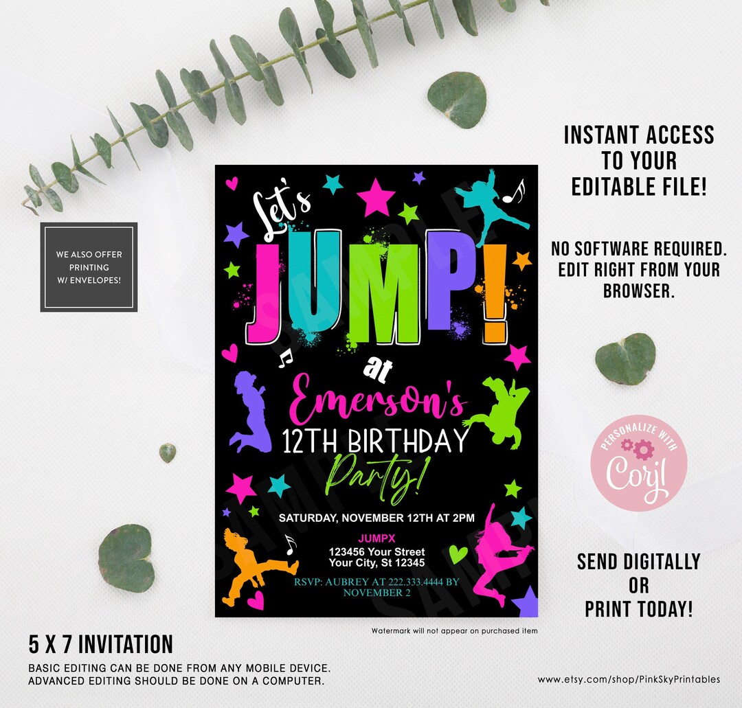 Jump Birthday Invitation, EDITABLE, Trampoline Birthday Party, Girls ...