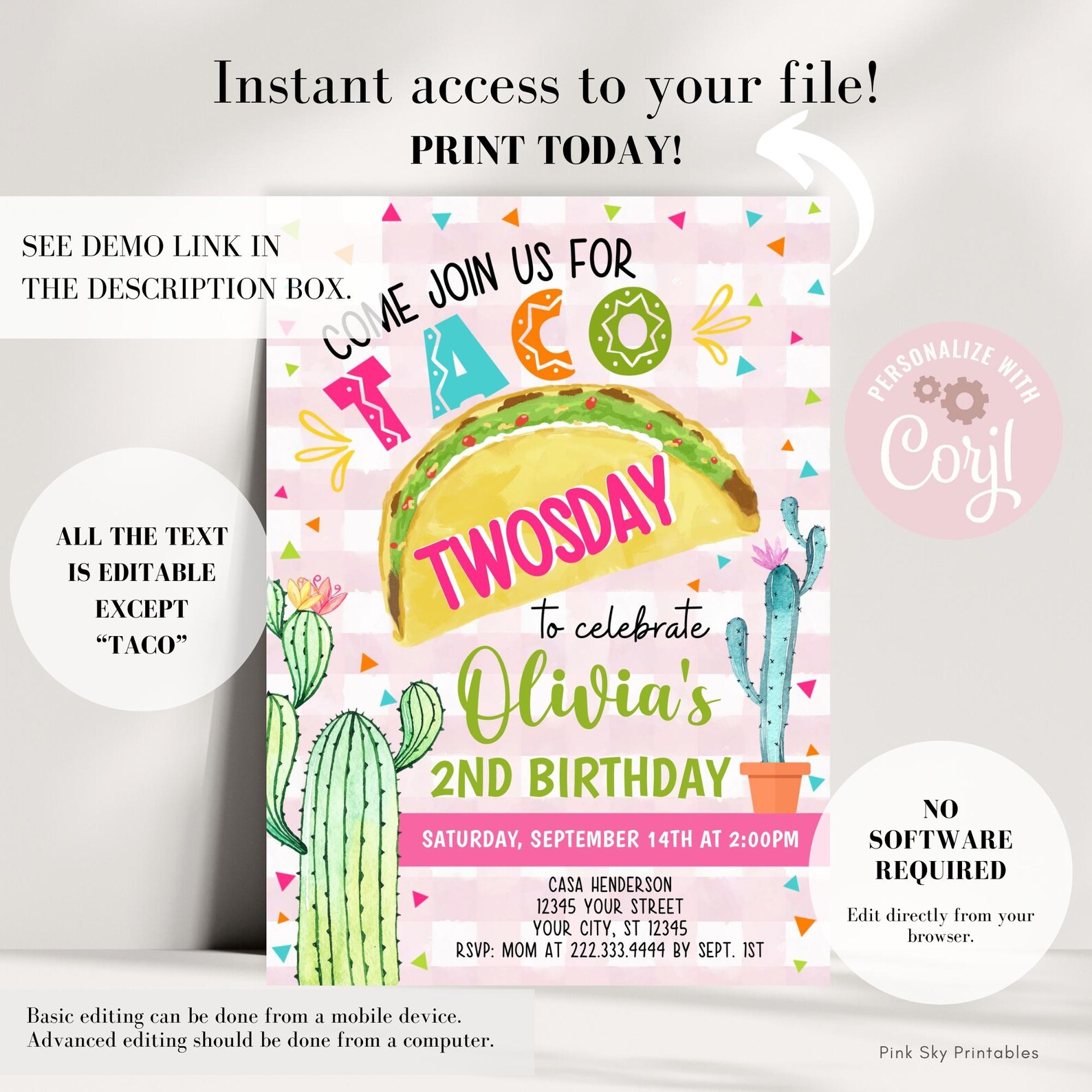 Taco Twosday Birthday Invitation, EDITABLE, Printable, Mexican Fiesta ...
