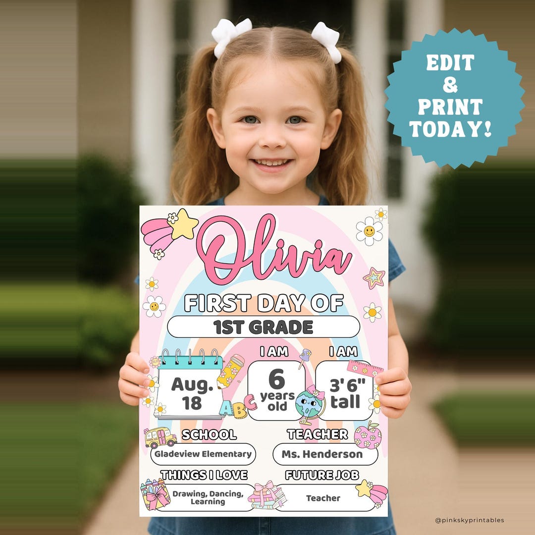 Editable First Day of School Sign for Girls, Rainbow Back to School ...