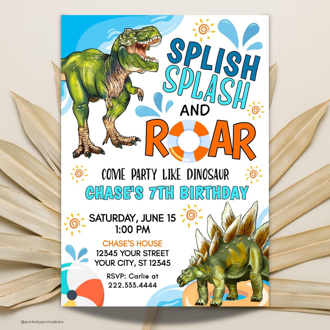 Splish Splash Dinosaurs Roar Birthday Party Invitation Template ...