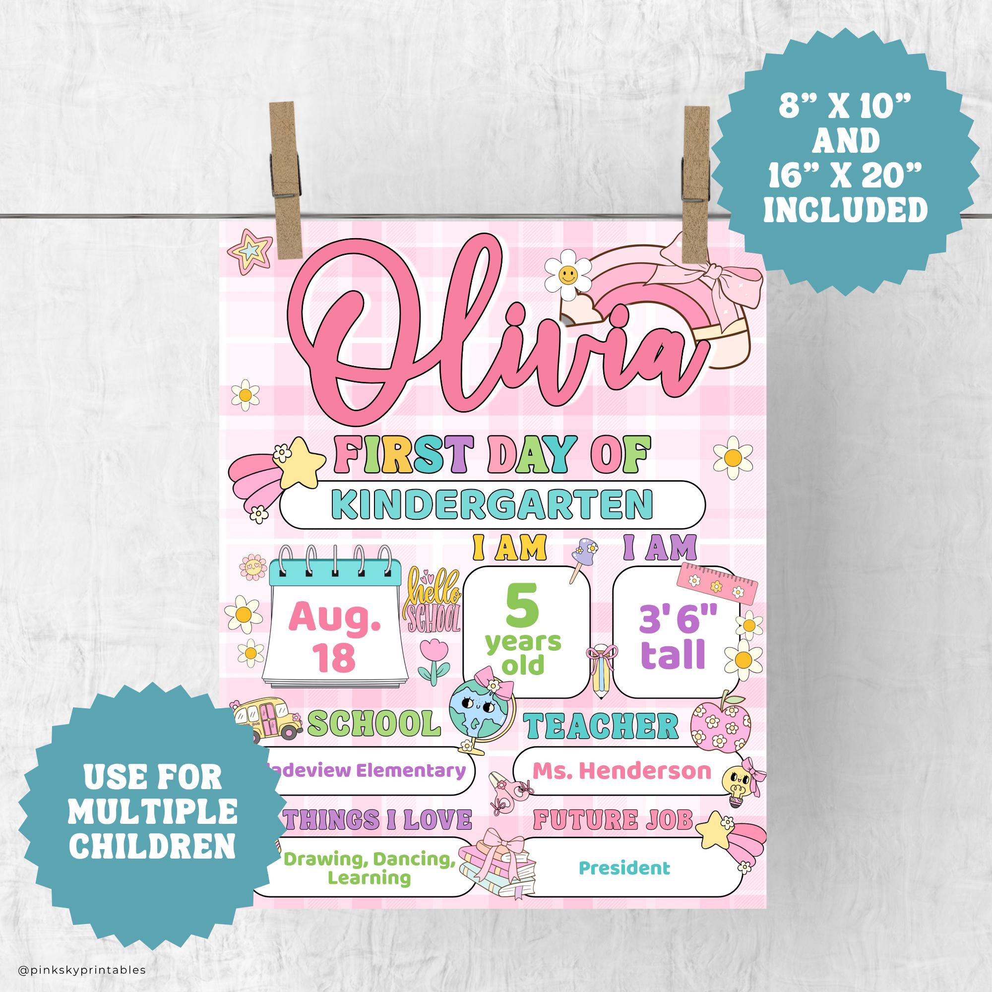 Editable First Day of School Sign for Girls, Pink Plaid Back to School ...