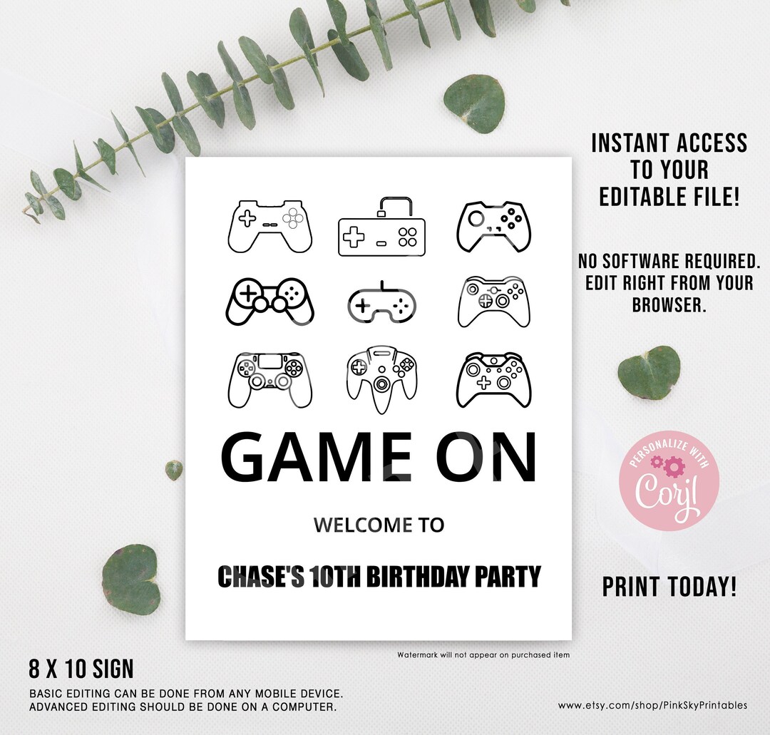 EDITABLE Gaming Sign, Digital File, Gaming Party Sign, Gamers Birthday ...
