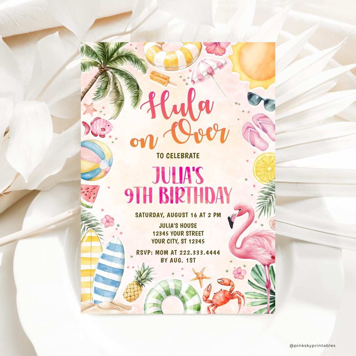 Hula on Over Birthday Invitation for Girls, Tropical Luau Party Invite ...